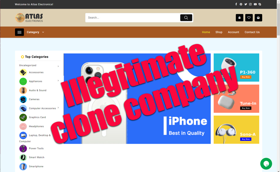 Illegitimate clone business trading under the name atlaselectronicsltd.com